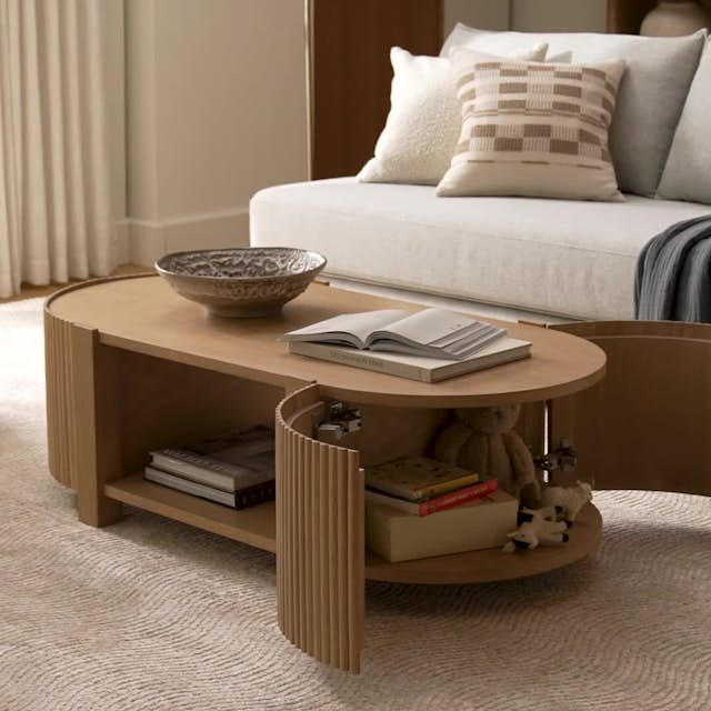 Fortra Oak Wood Fluted Coffee Table with Hidden Storage | Article